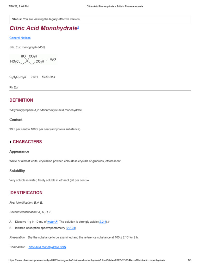 Monorgaphie Citric Acid Monohydrate - British Pharmacopoeia | PDF ...
