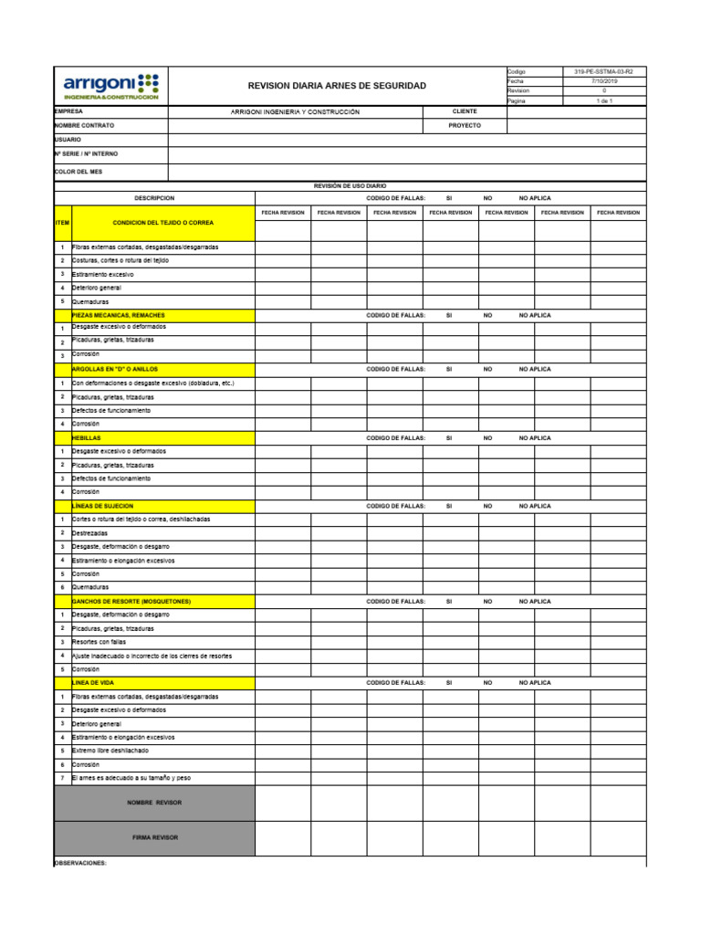 319-PE-SSTMA-03-R2 Revisión Diaria Arnes de Seguridad | PDF ...