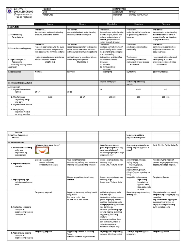 Mapeh 1-DLL Melcs-1st Rating-Week 5 | PDF | Rhythm | Learning