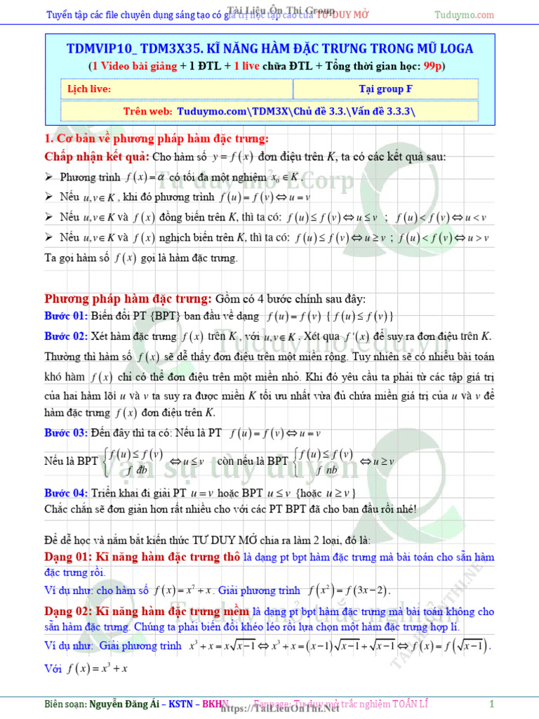 TDMVIP10 - TDM3X35 - FCD - KĨ NĂNG HÀM ĐẶC TRƯNG TRONG MŨ LOGA | PDF