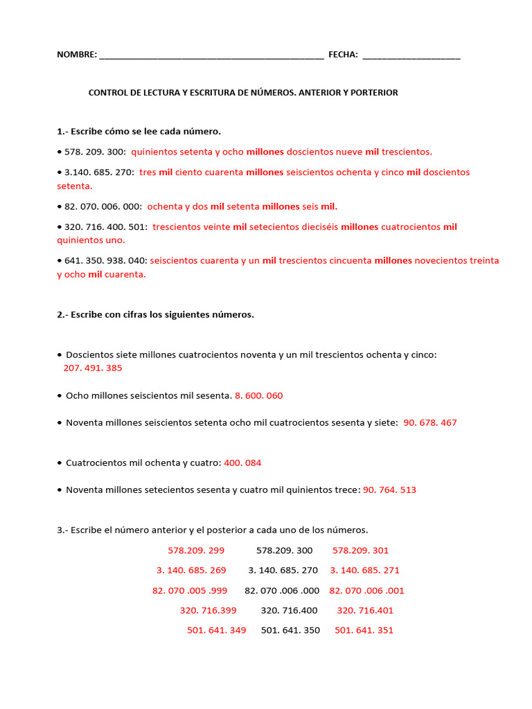 Corrector Control de Lectura y Escritura de Números. Anterior y Porterior | PDF