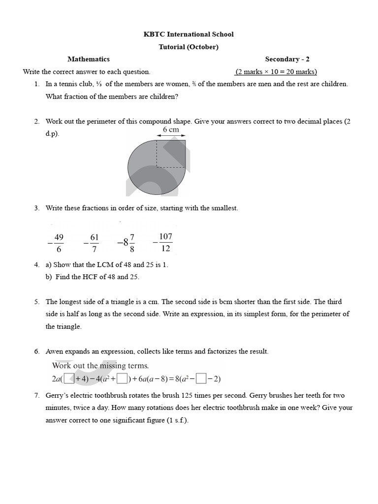 KBTC International School Tutorial (October) Mathematics Secondary - 2 ...