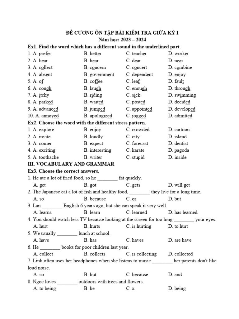 Anh 7 - Đề cương ôn tập giữa HKI 2023-2024 | PDF