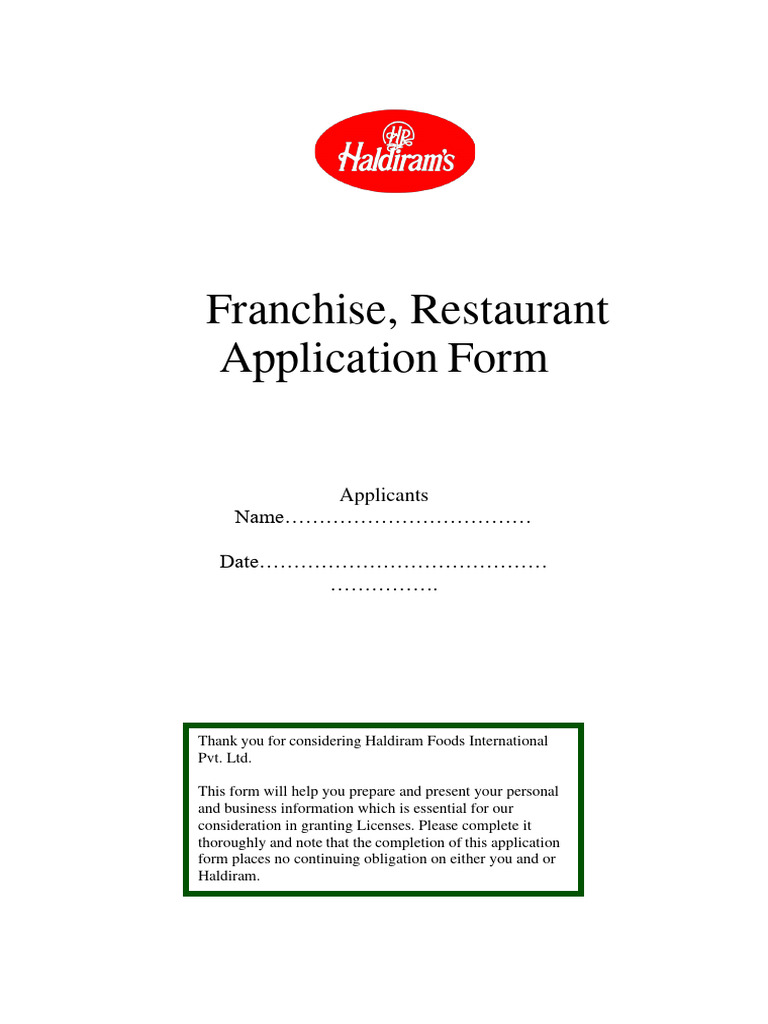 Haldiram Franchise Restaurant Application Form-3 | PDF | Franchising | Fee