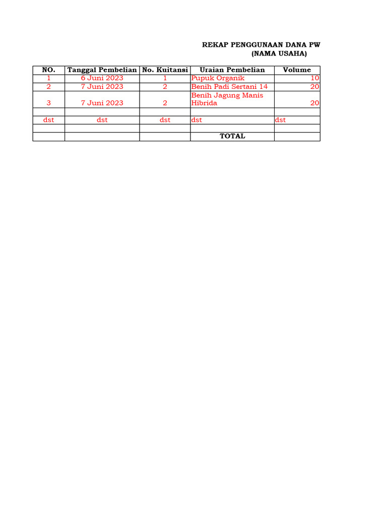 Contoh Format Rekap Pembelanjaan | PDF