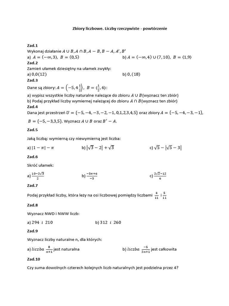 Zbiory Liczbowe. Liczby Rzeczywiste Powtórzenie | PDF