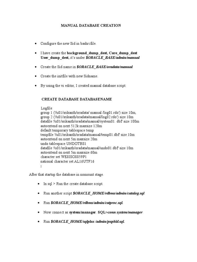 Manual Oracle Database Creation Steps | PDF