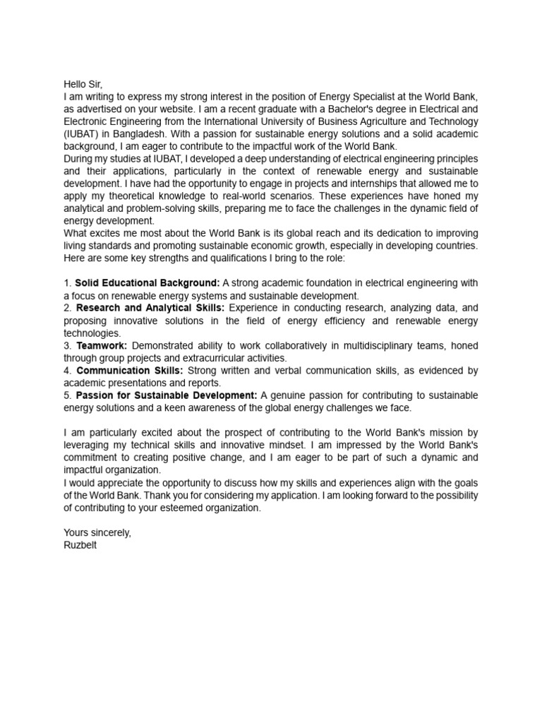 Cover Letter - World Bank | PDF | Sustainability | World Bank