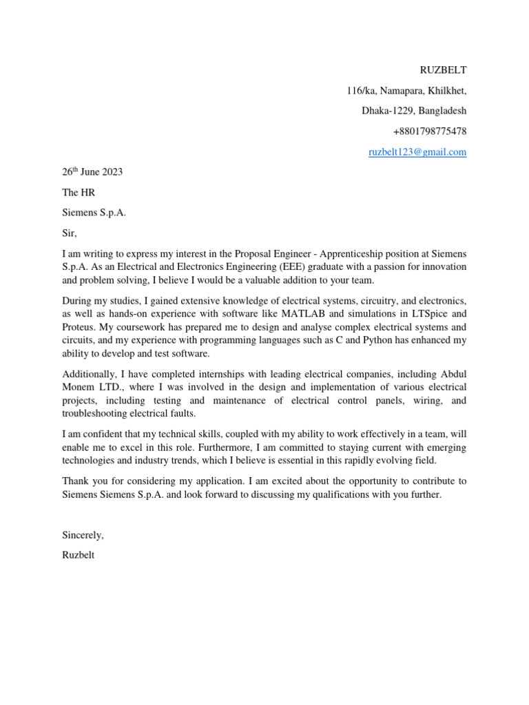 Ruzbelt (Cover Letter) Proposal Engineer - Apprenticeship | PDF