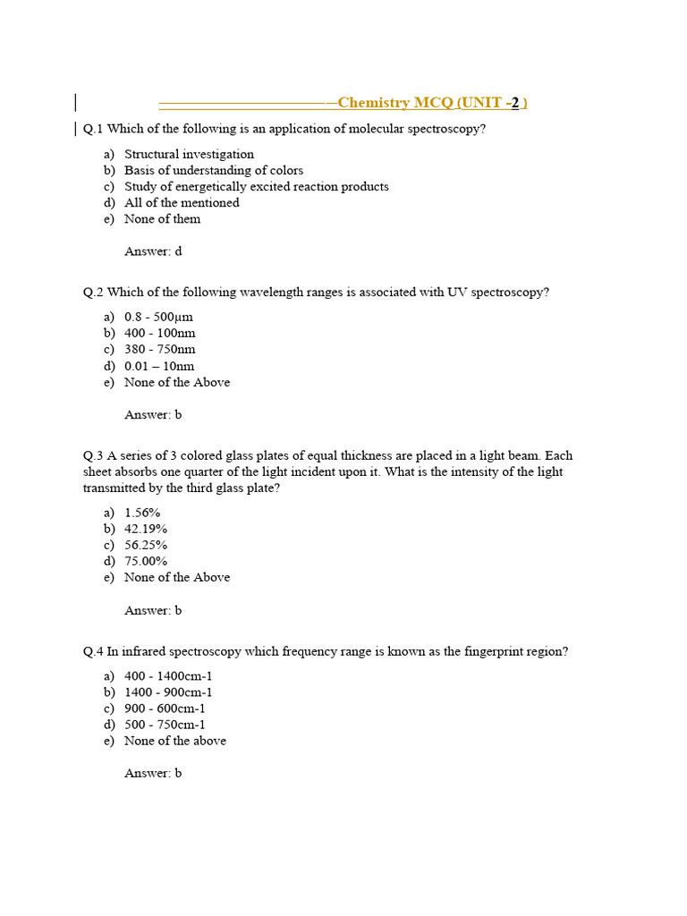 Chemistry Unit 2 Mcq With Answers Pdf Infrared Spectroscopy