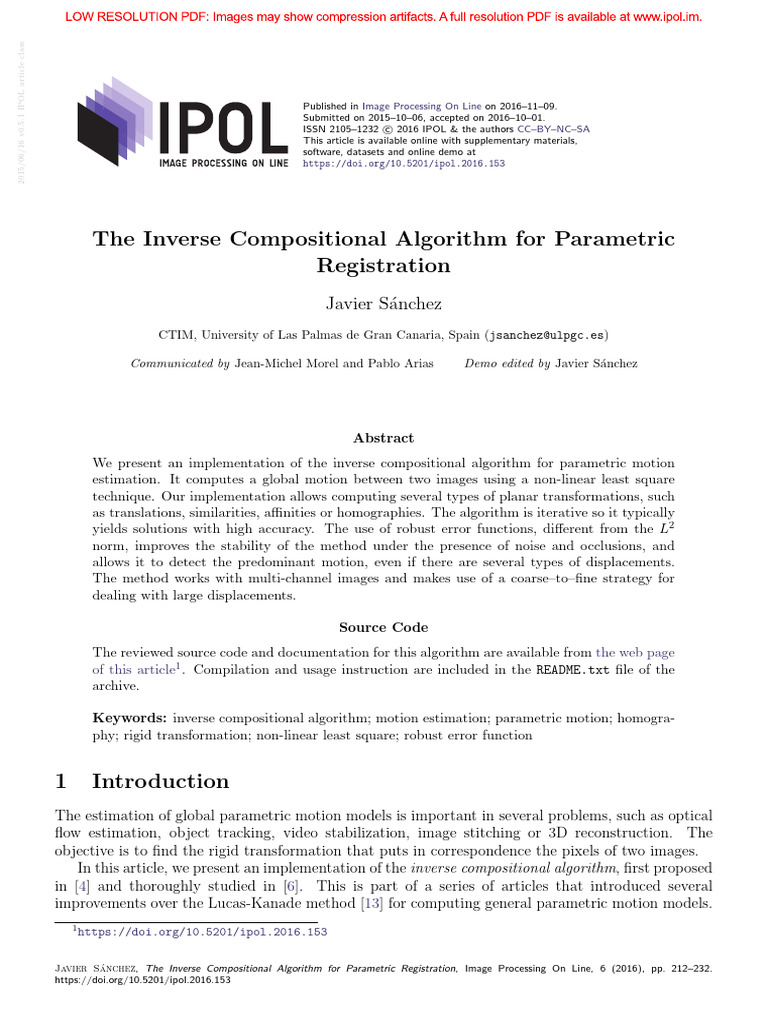 The Inverse Compositional Algorithm For Parametric Registration Pdf Robust Statistics