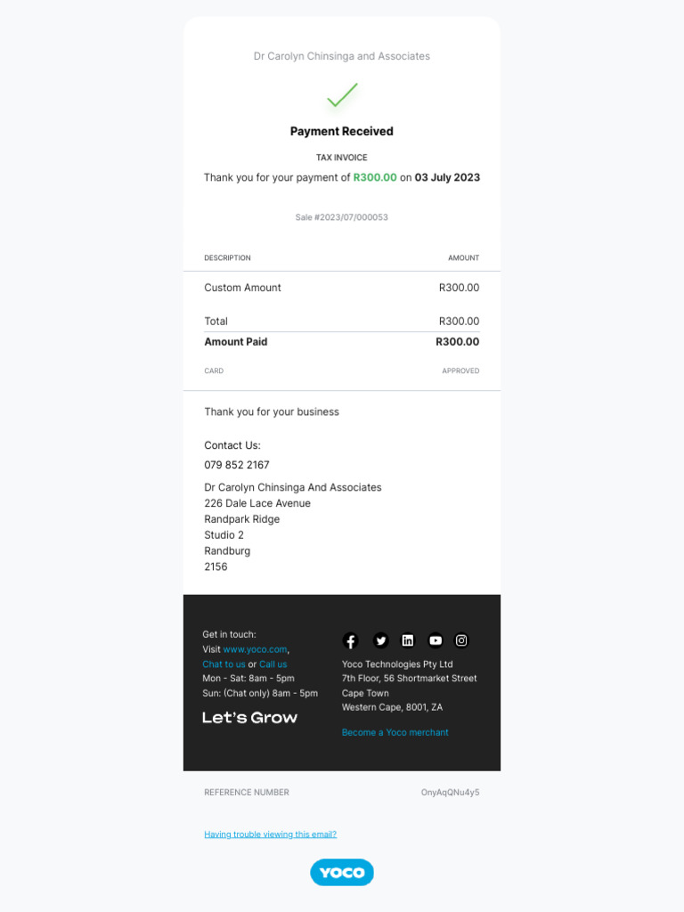 Yoco Payment Confirmation Invoice | PDF