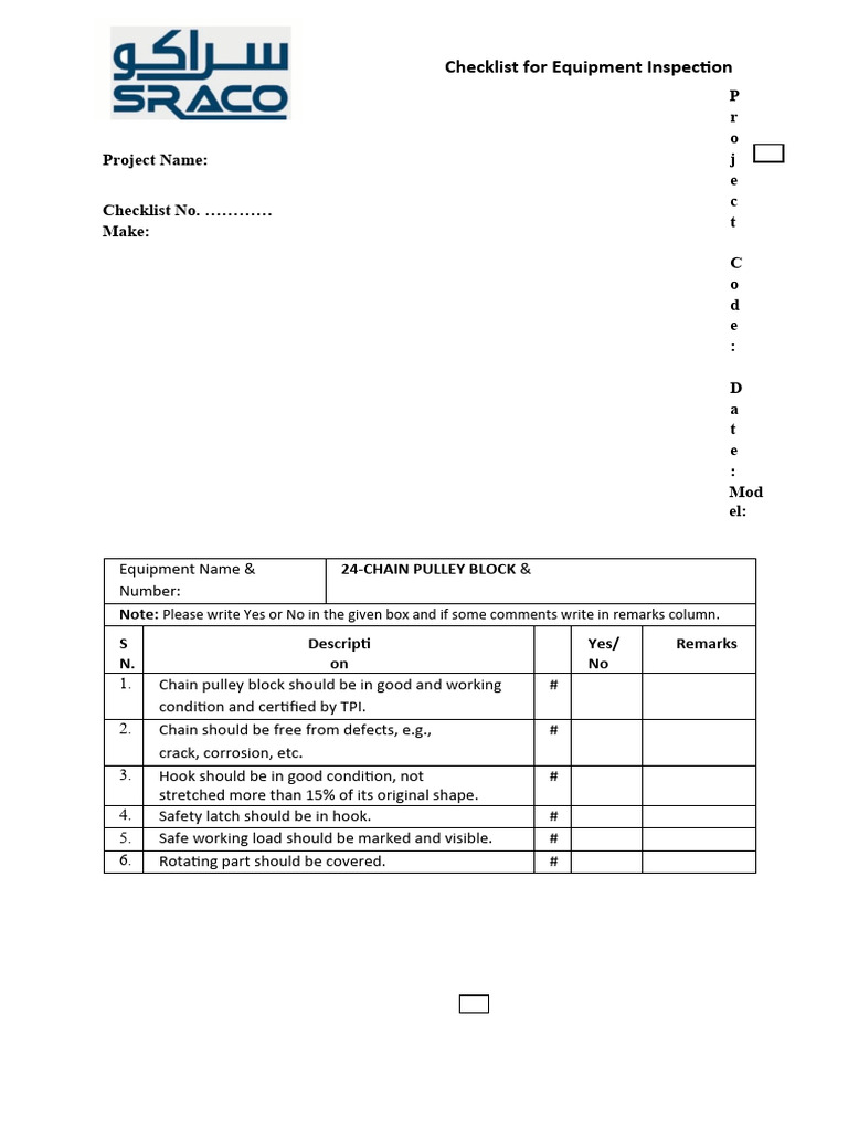 Chain Pulley Block Inspection Checklist | PDF | Mechanical Engineering ...