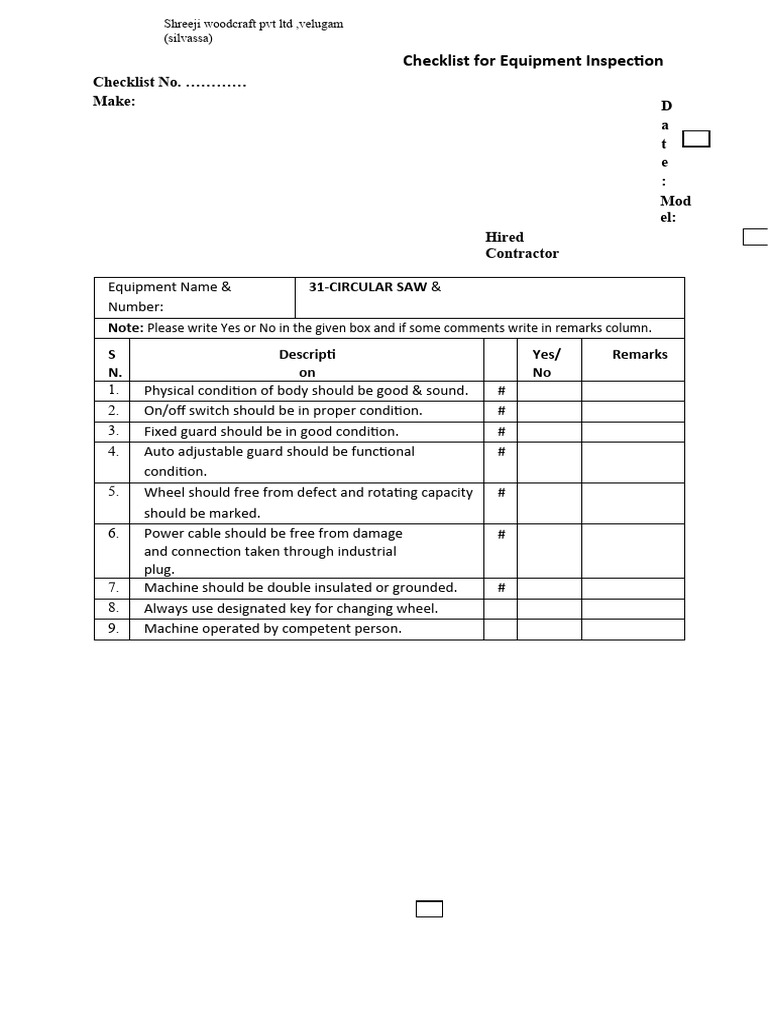 Circular Saw Inspection Checklist | PDF