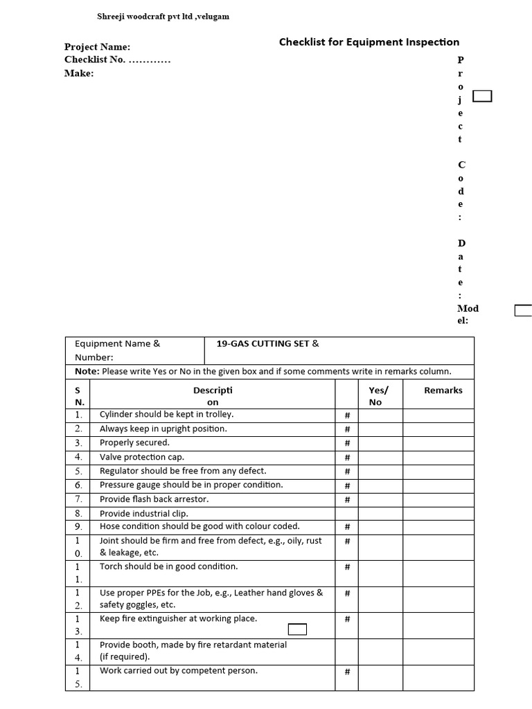Checklist For Equipment Inspection Gas Cutting Set | PDF | Gas ... Checklist For Equipment Inspection Gas Cutting Set | PDF | Gas ...