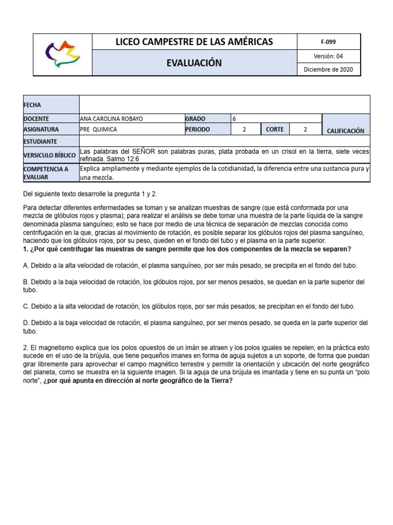 EVAL 2 GRADO 6, 2P PRE-Q Mezclas | Descargar gratis PDF | Imán | Agua