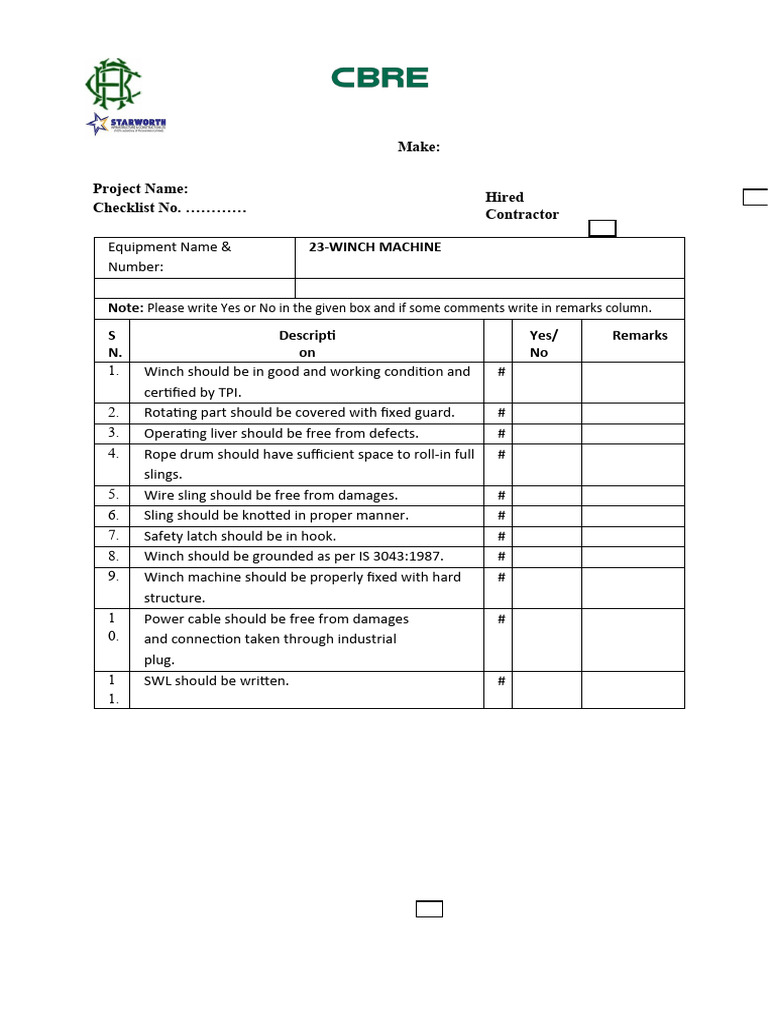 Winch Machine Inspection Checklist | PDF | Home & Garden | Computers