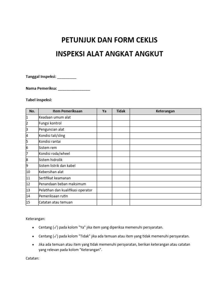 Form Ceklis Inspeksi Alat Angkat Angkut | PDF