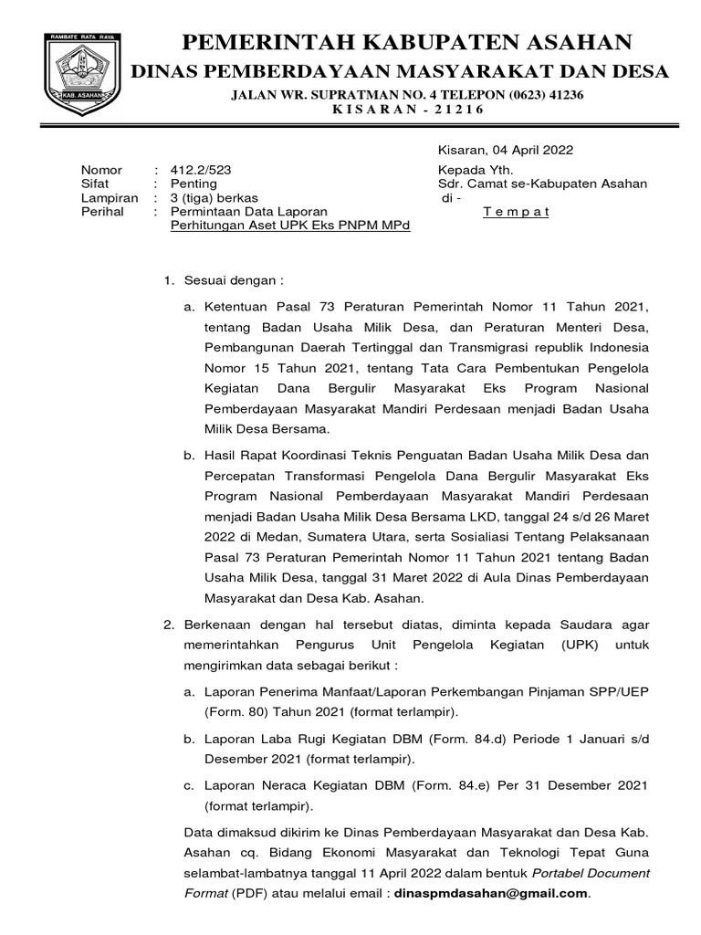 Surat Permintaan Data Laporan Perhitungan Aset UPK Eks PNPM MPD | PDF