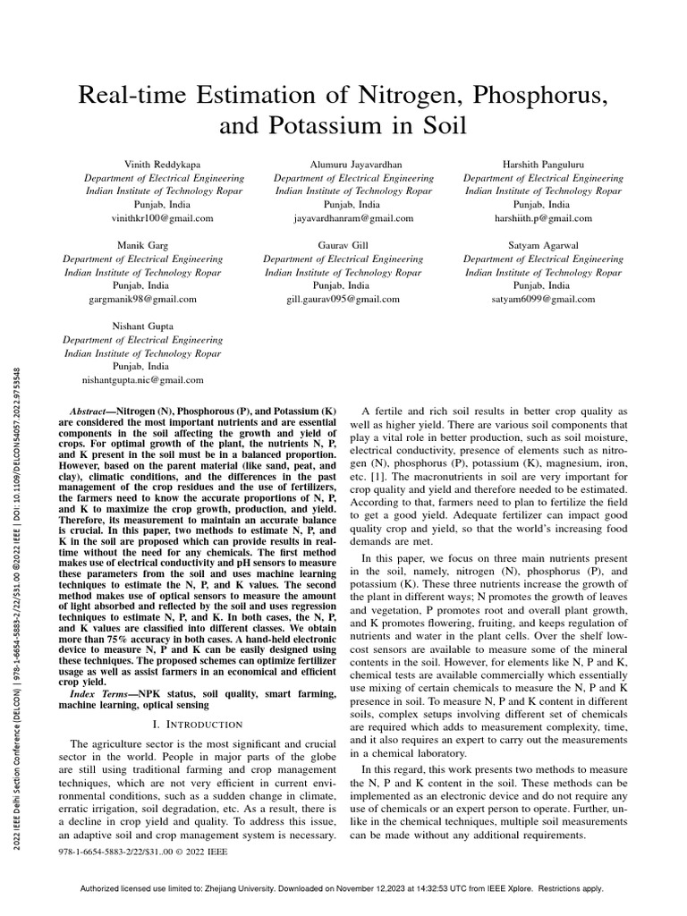 Real-Time Estimation of Nitrogen Phosphorus and Potassium in Soil | PDF ...