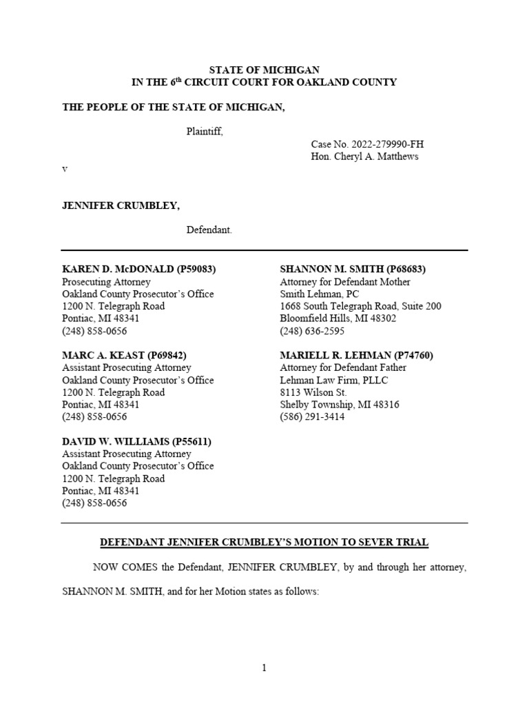 Jennifer Crumbley Motion To Sever | PDF | Trials | Prosecutor