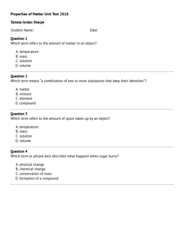 Properties of Matter Unit Test 2018 - Naiku | PDF | Liquids | Water