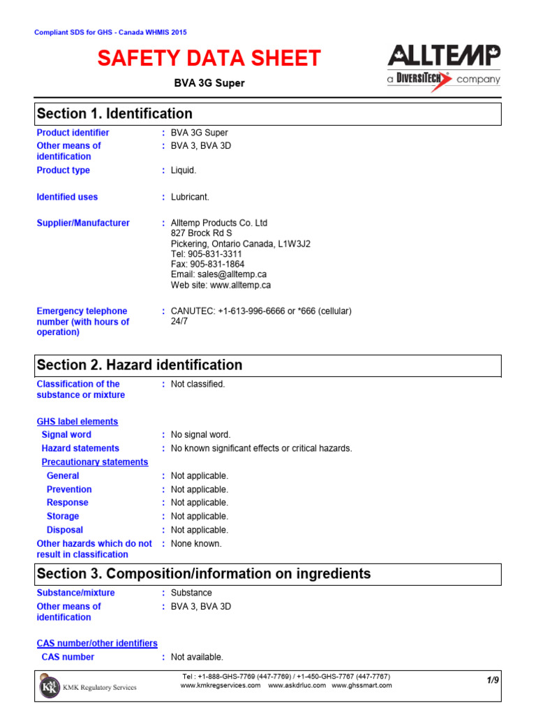 BVA 3G Super - AllTemp SDS CA V4.8English US | PDF | Dangerous Goods | Toxicity