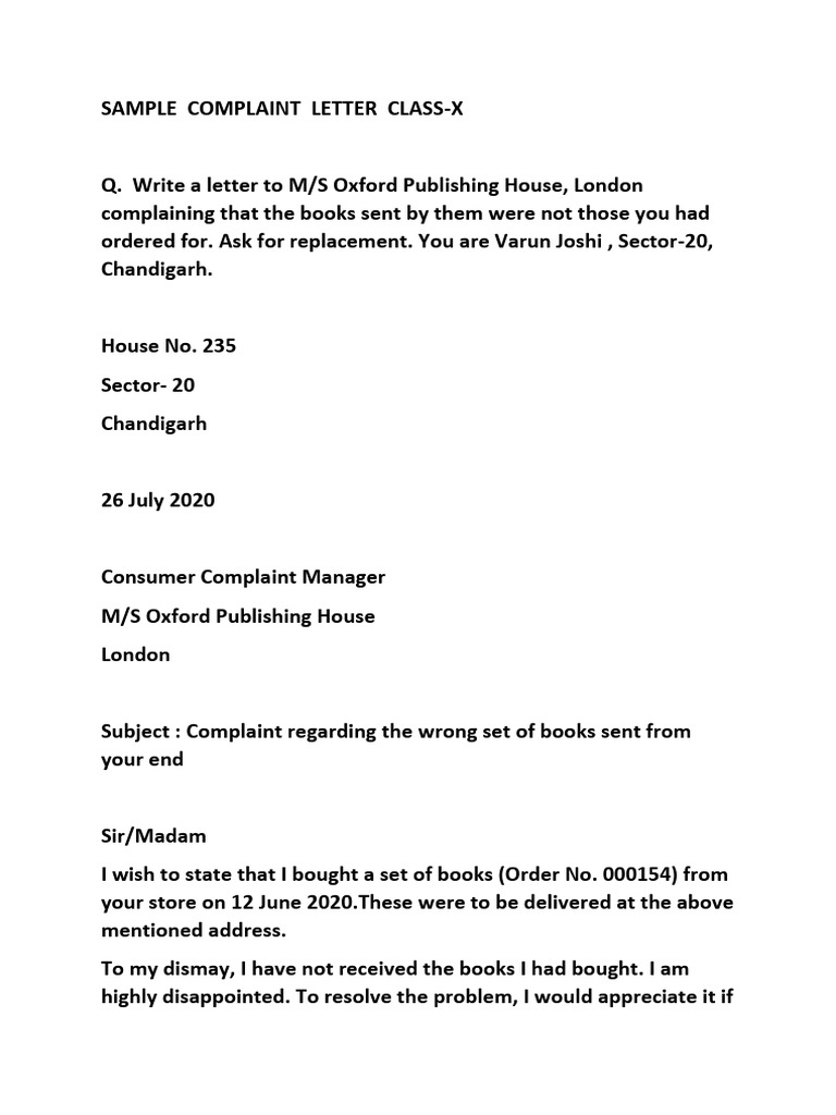 Class 10 Complaint Letter Example | PDF | Law