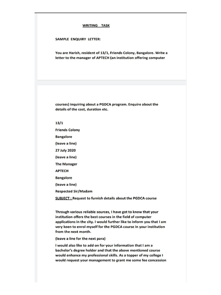 Sample Enquiry Letter Class 10 | PDF