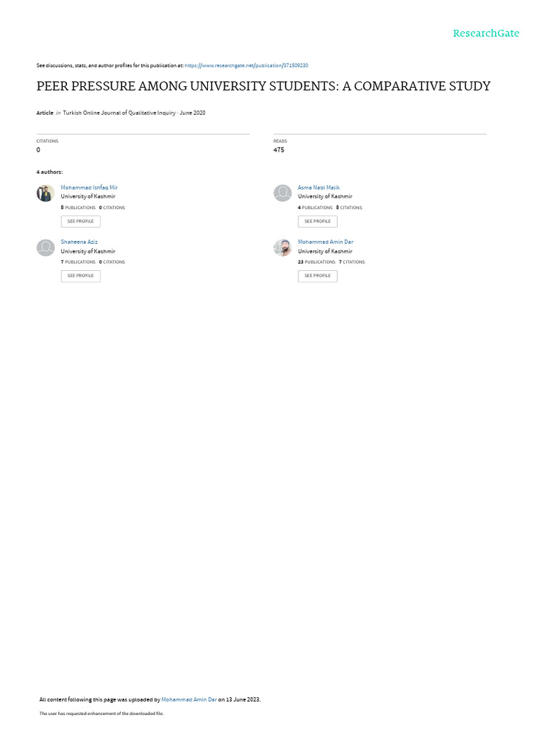 Paperpeerpressurepdf | PDF | Adolescence | Sampling (Statistics)