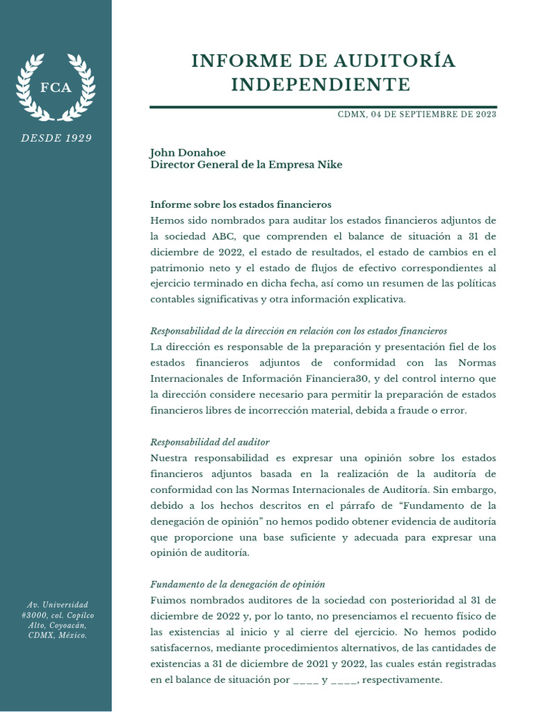 Ejemplo de Informe de auditoría independiente, Denegación | PDF | Auditoría | Contabilidad