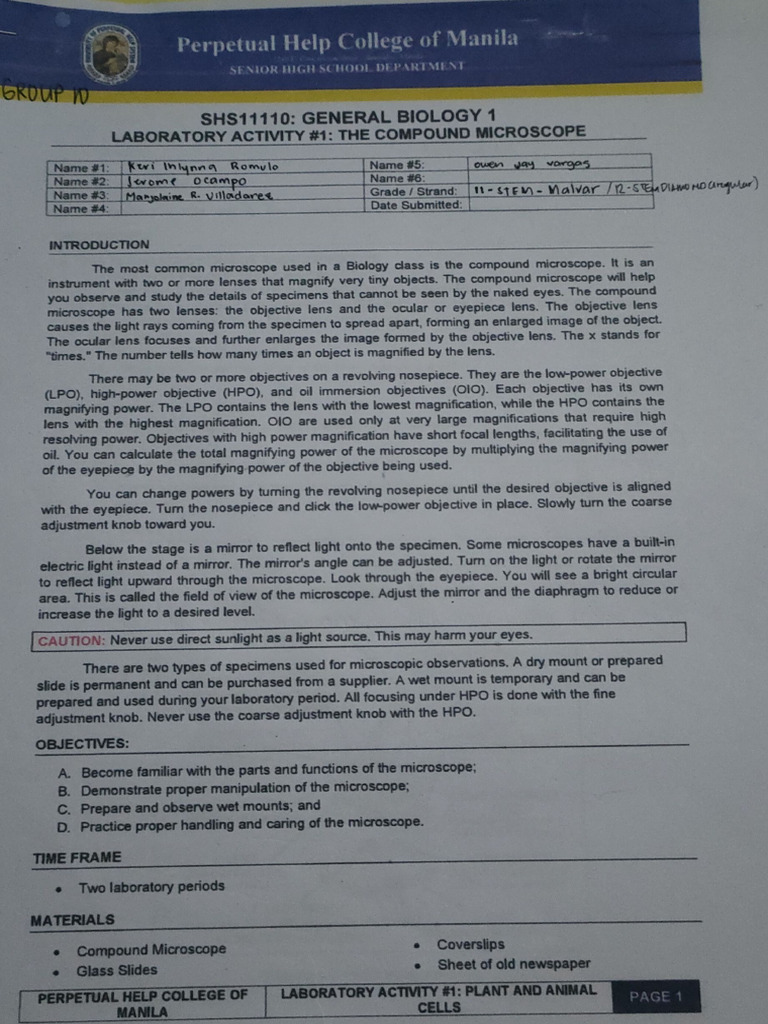 Laboratory Activity 1 The Compound Microscope | PDF