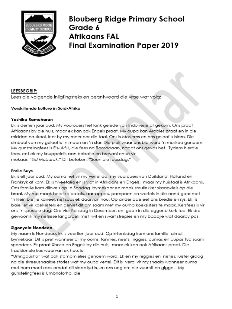 Grade 6 Afrikaans FAL Final Examiĺnation and Marking Guidelines 2019 1 ...