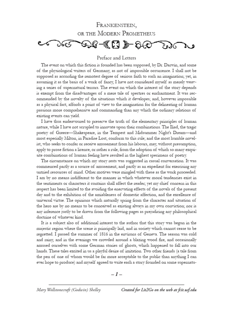 Frankenstein or The Modern Prometheus 001 Preface and Letters | PDF ...