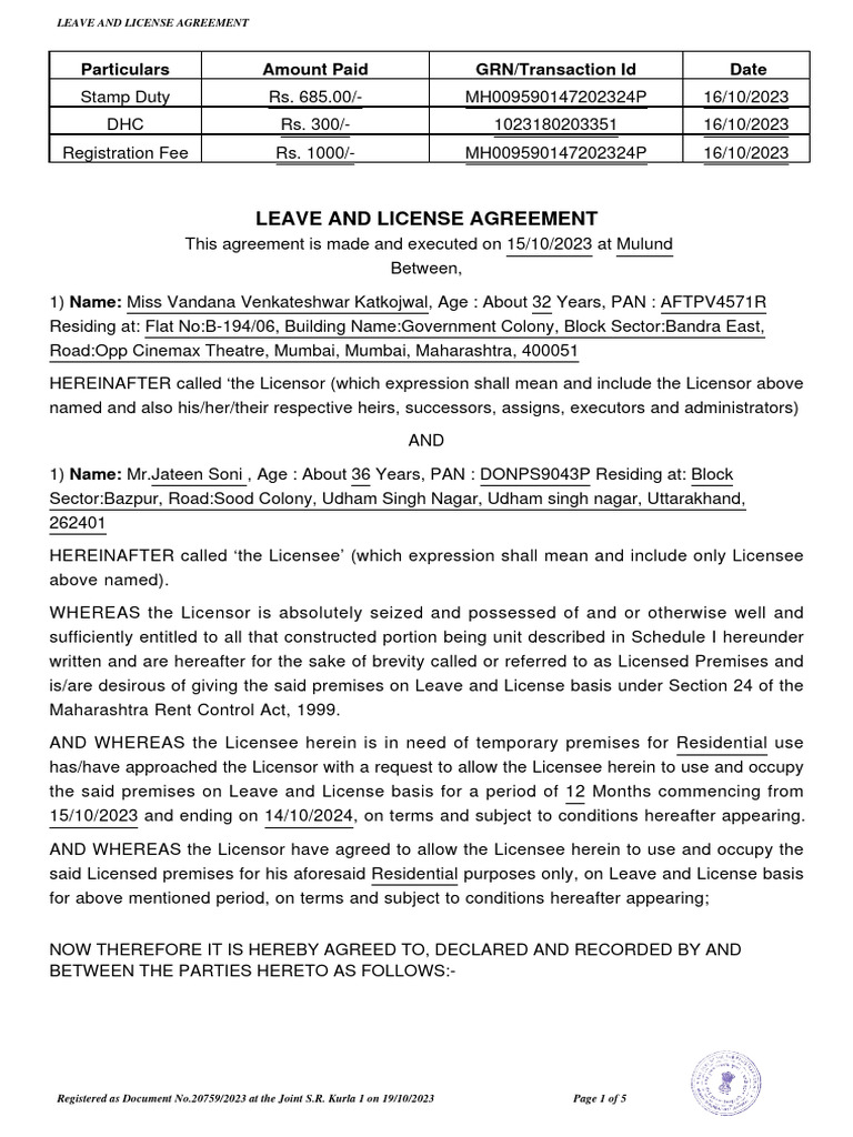 Mulund Rent Agreement - 23101299903466-Compressed | PDF | License | Landlord