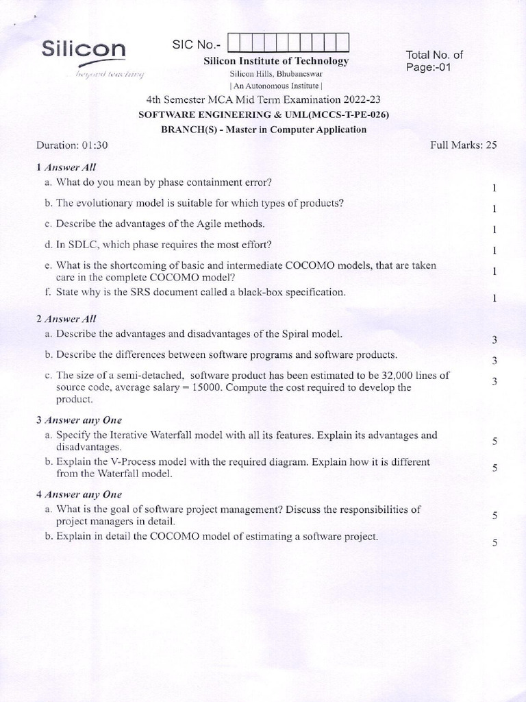 Software Engineering&UML (MCCS-T-PE-026) - Mid Term Exam - 2022-2023 | PDF