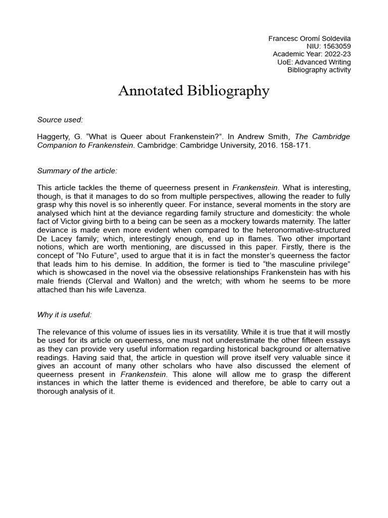 Annotated Bibliography | PDF | Frankenstein