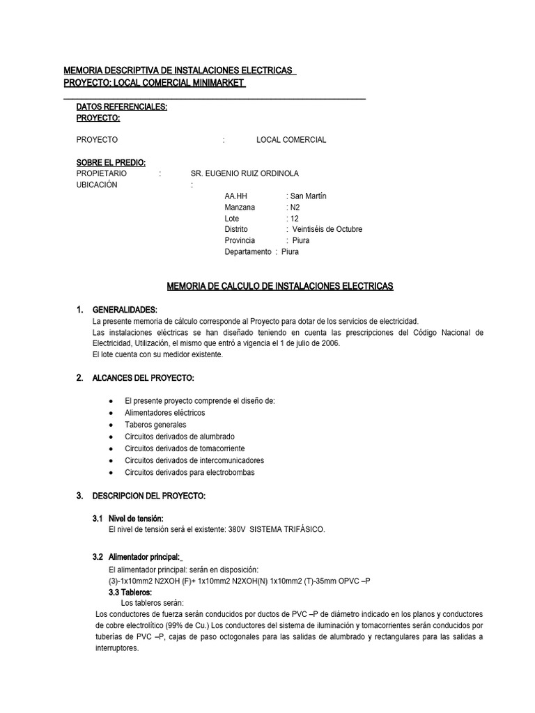 MEMORIA DESCRIPTIVA DE INST. ELECTRICAS - 3 Mayo - AH SAN MARTIN | PDF | Resistencia Eléctrica y ...