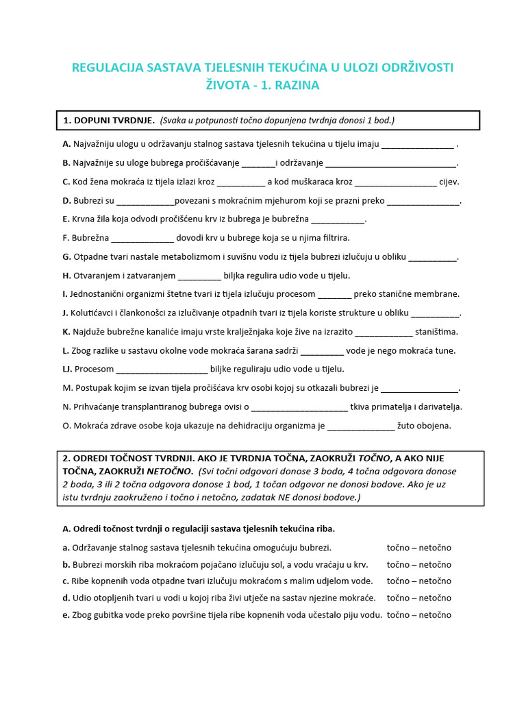 Zadatci - Regulacija Sastava Tjelesnih Tekućina U Ulozi Održivosti Života-1 | PDF