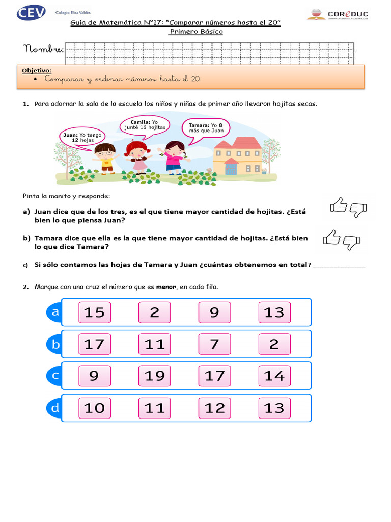 1° - MATEMATICA - GUÍA 17 Comparar Números Hasta El 20 | PDF | Métodos ...