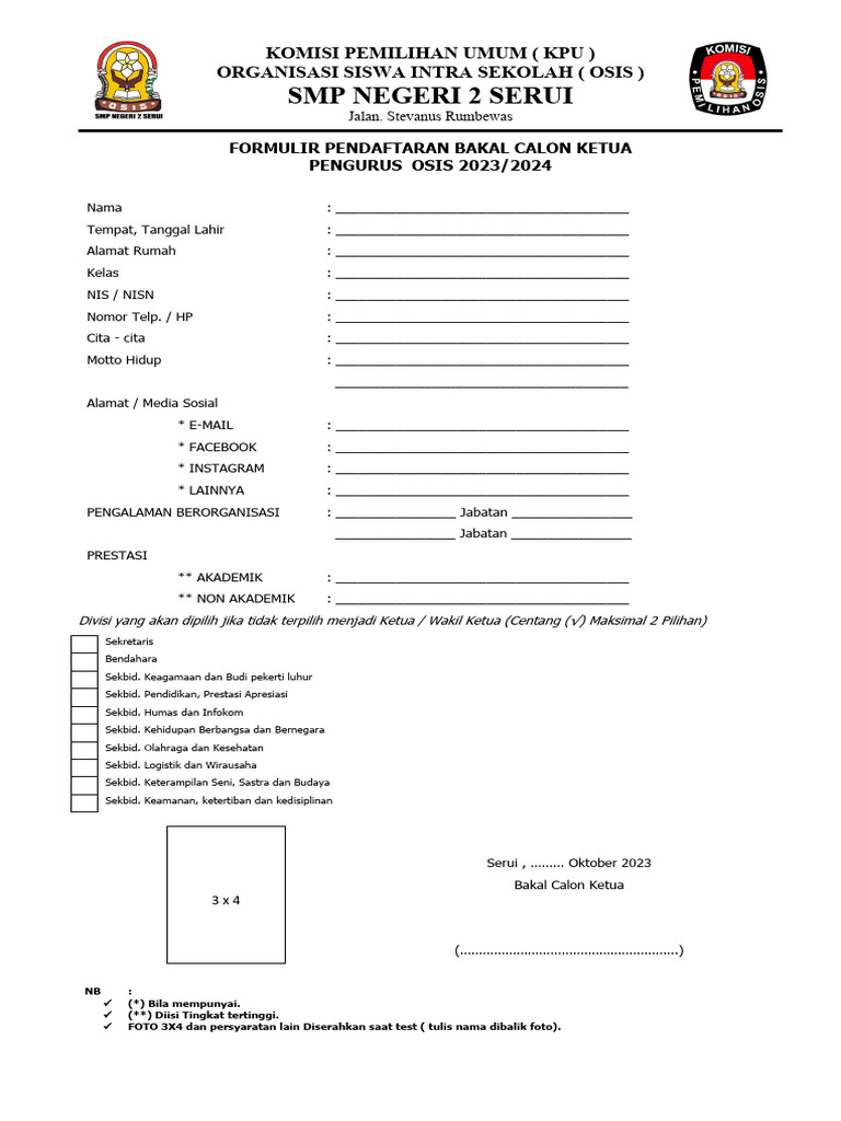 Formulir Pendaftaran Ketua Osis | PDF | Olahraga & Rekreasi