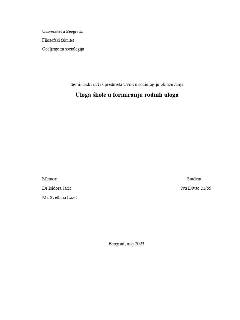 Uloga Skole U Formiranju Rodnih Uloga | PDF