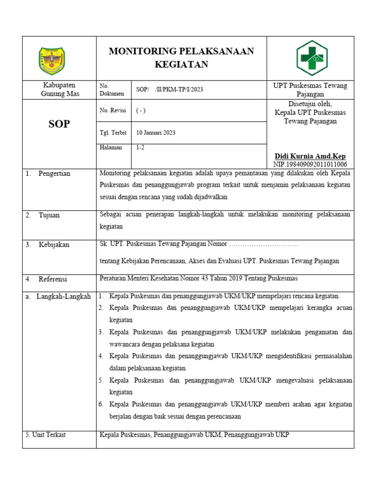 Sop Monitoring Pelaksanaan Kegiatan | PDF | Sains & Matematika