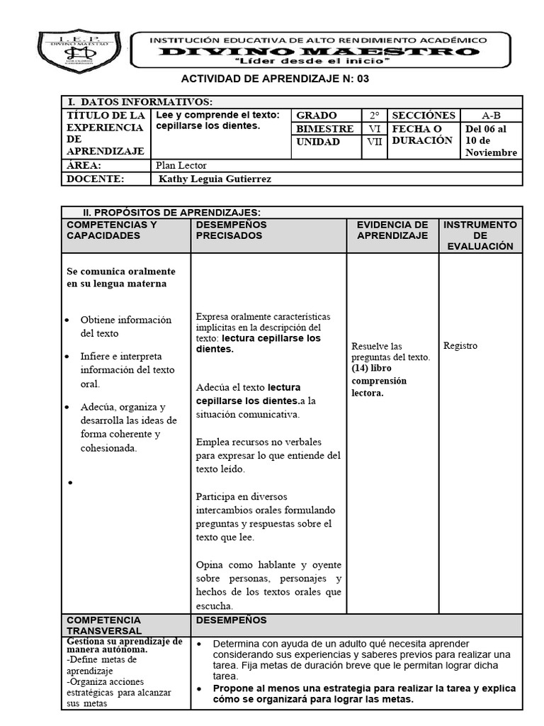 Actividad 03 Plan Lector (Vii) | PDF | Aprendizaje | Evaluación