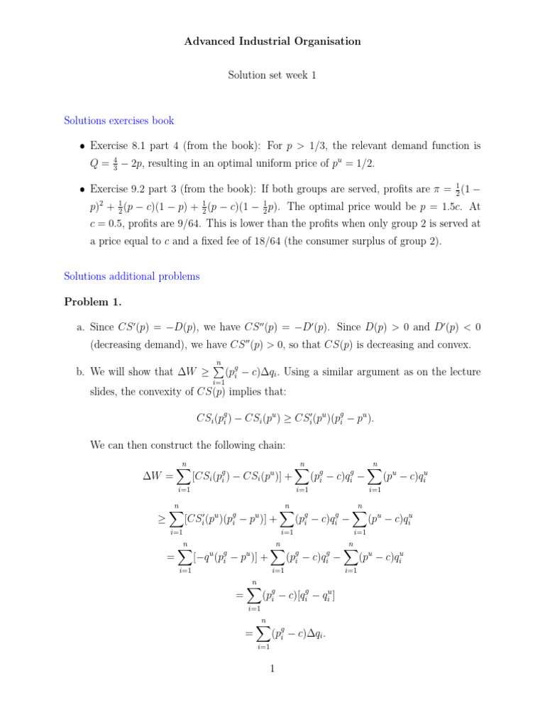 Advanced Idustrial Organization - Week 1 - Exercises and Solutions | PDF | Economic Surplus ...