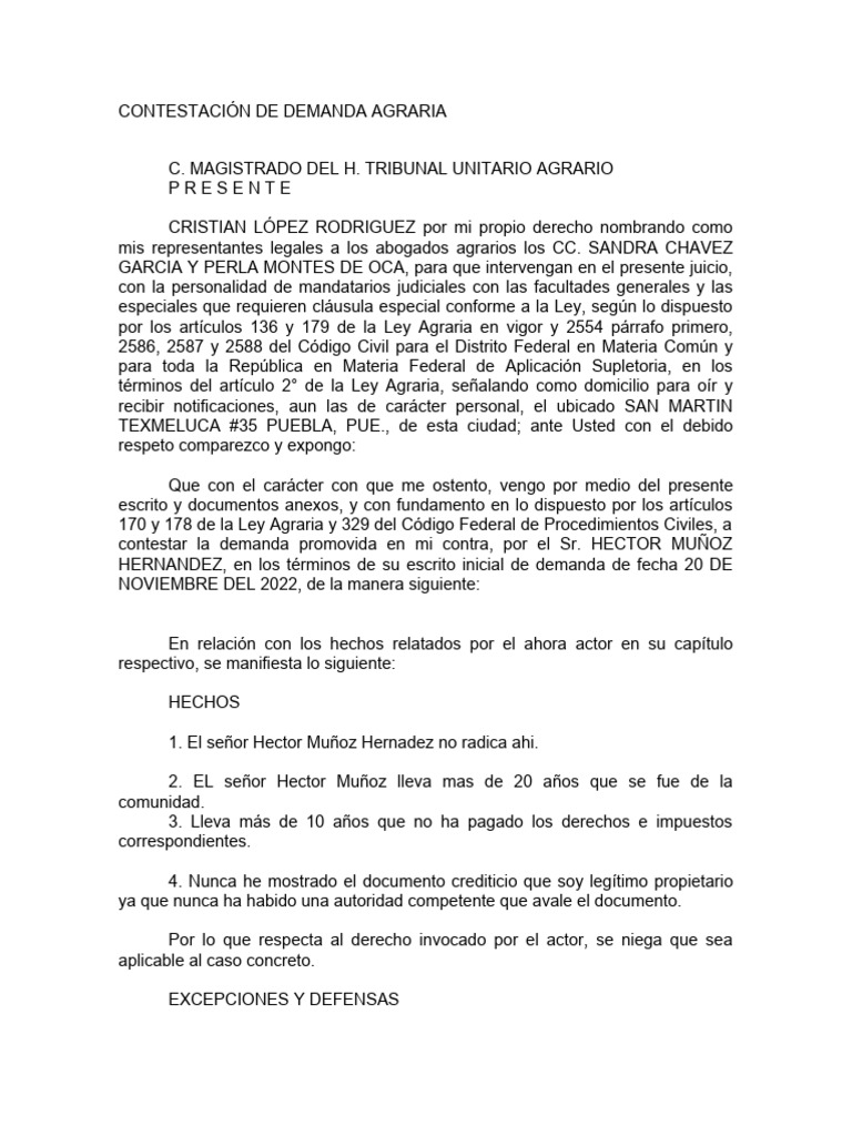CONTESTACIÓN DE DEMANDA AGRARIA P3 | PDF | Demanda judicial | Justicia