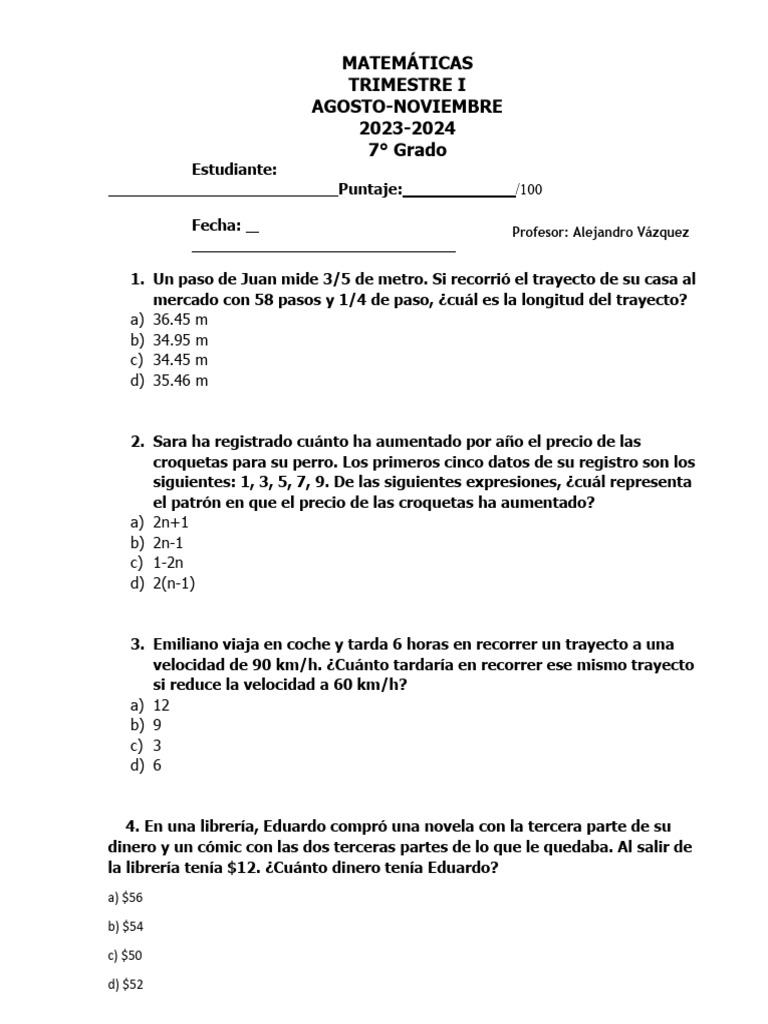 Matemáticas 7mo Grado Trimestre I | PDF