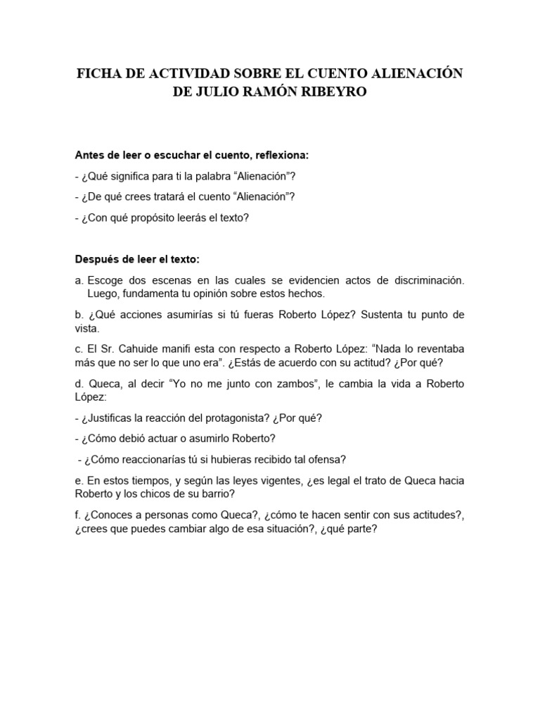 Ficha de Actividad Sobre El Cuento Alienación de Julio Ramón Ribeyro | PDF
