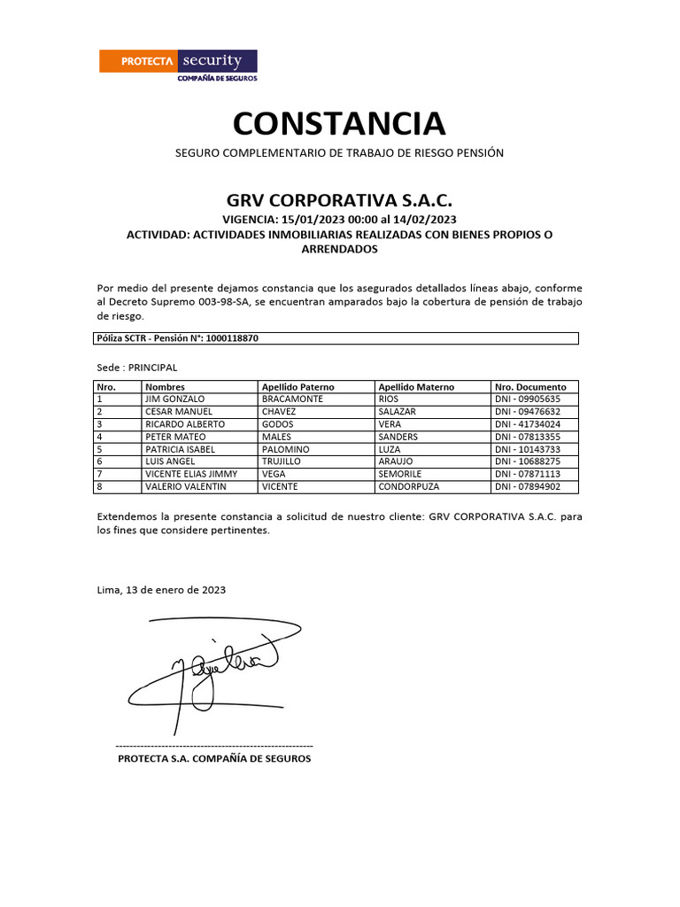 Constancia SCTR para GRV Corporativa | PDF