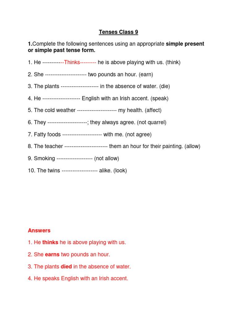 Tenses Class 9 CW | PDF | Linguistics